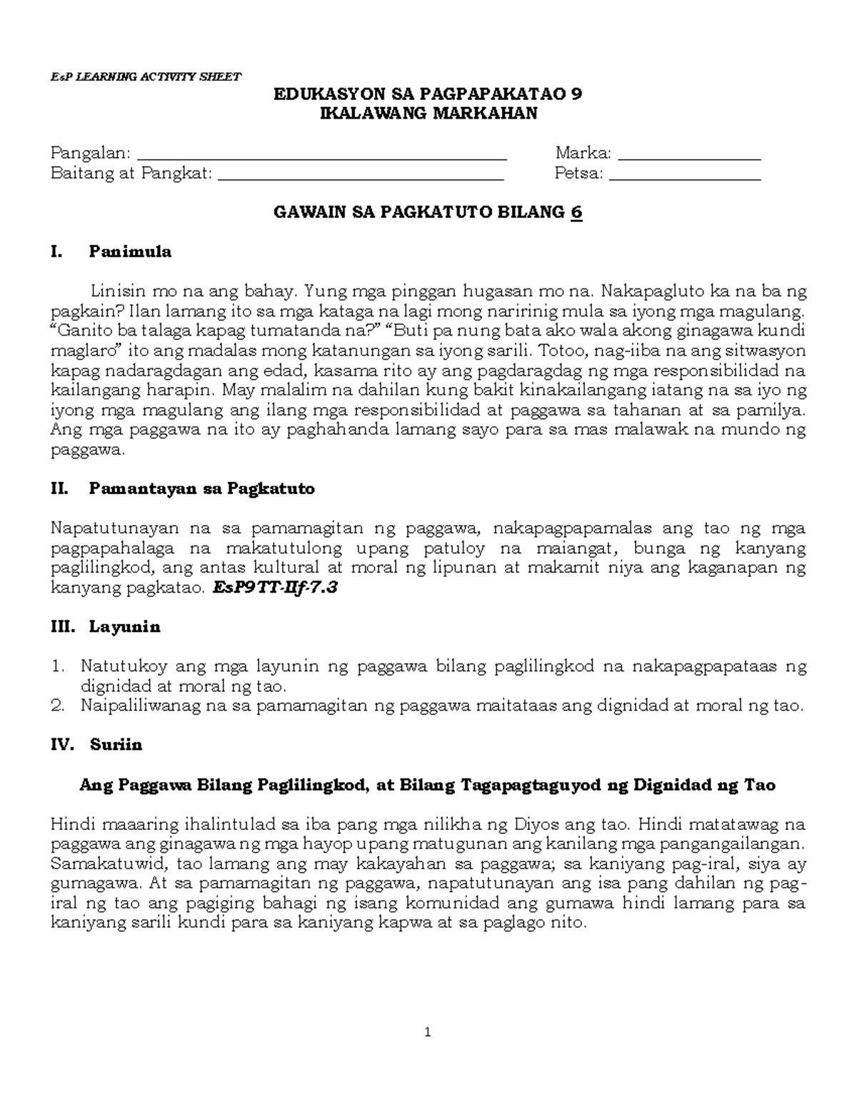 Copy-of-Es P Q2 G9 LAS 6 - MODULES - EsP LEARNING ACTIVITY SHEET ...