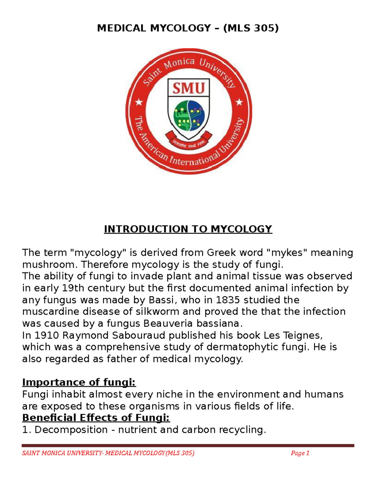 Medical Mycology MADE EASY - MEDICAL MYCOLOGY – (MLS 305) INTRODUCTION ...