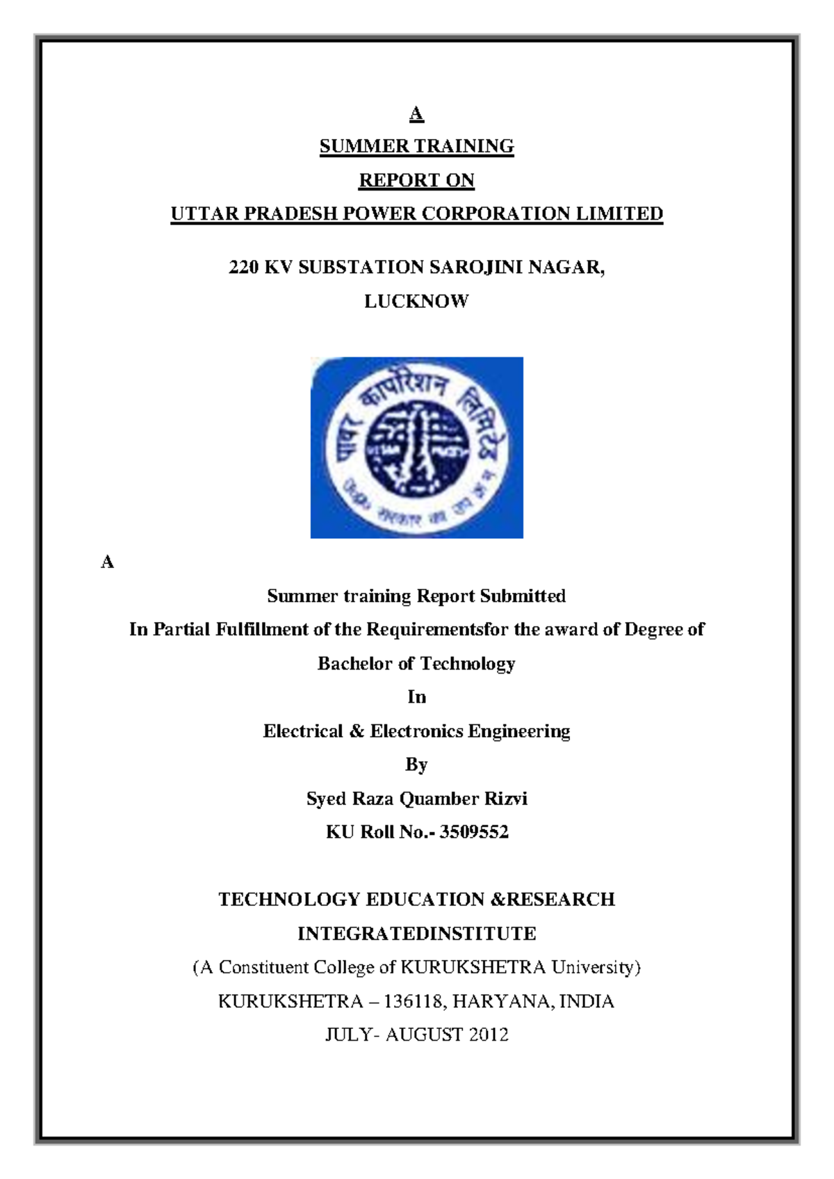 Uppcl report vipin - ggchgh;kj jkkhg - A SUMMER TRAINING REPORT ON ...