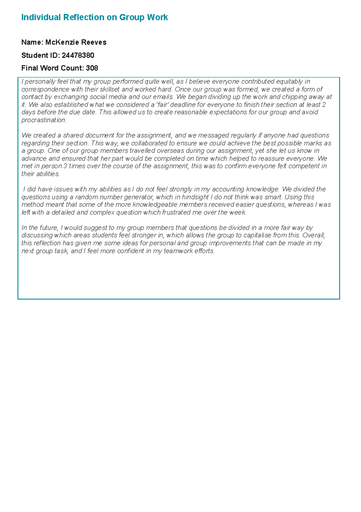 ABS Reflection 123 - Individual Reflection on Group Work Name: McKenzie ...