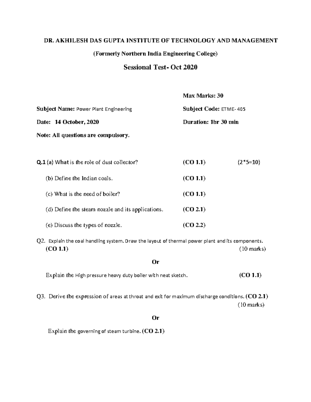 PPE EXAM - Mid term exam of power plant engineering - DR. AKHILESH DAS ...