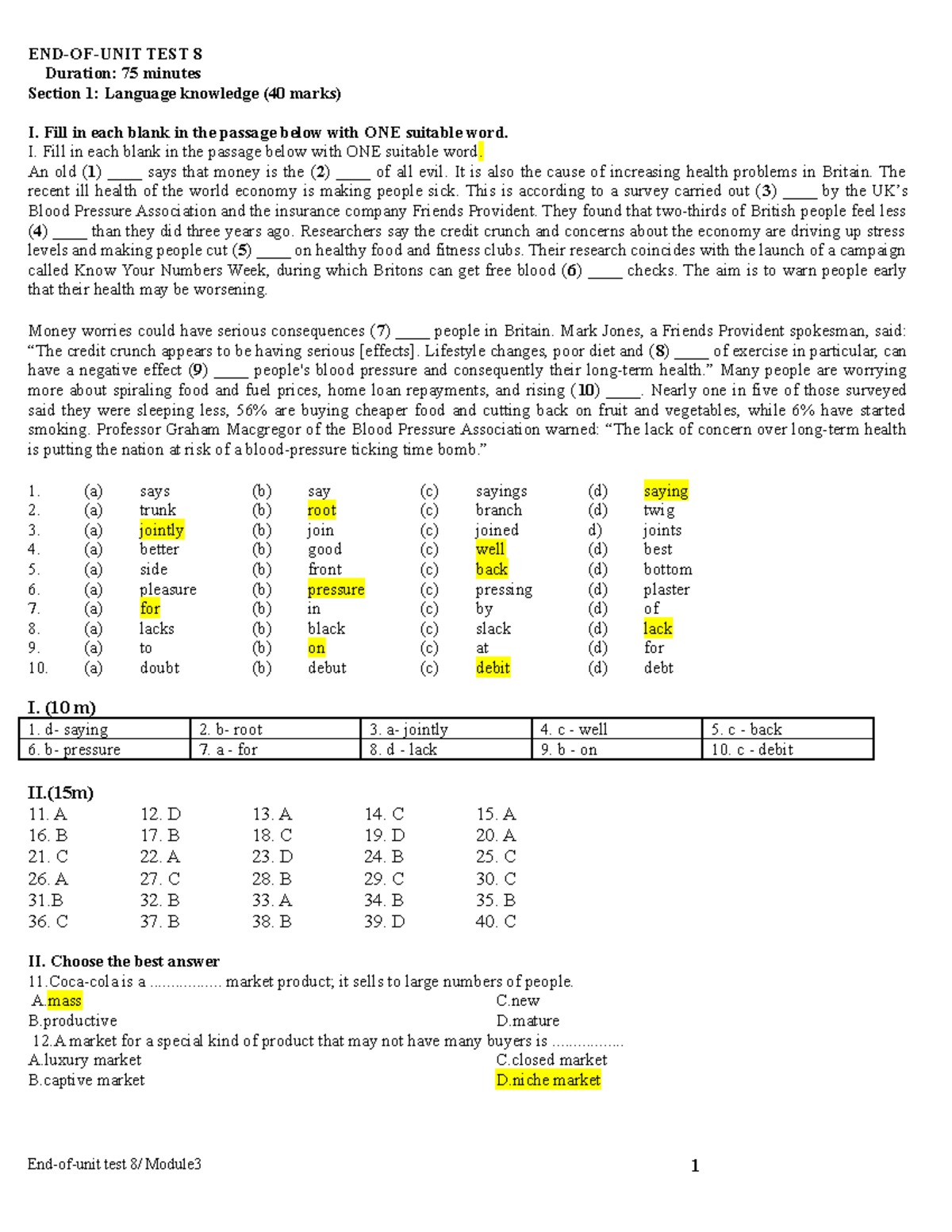END OF UNIT TEST UNIT 8 - Solution for End of unit test 8 . ( HP2 ...