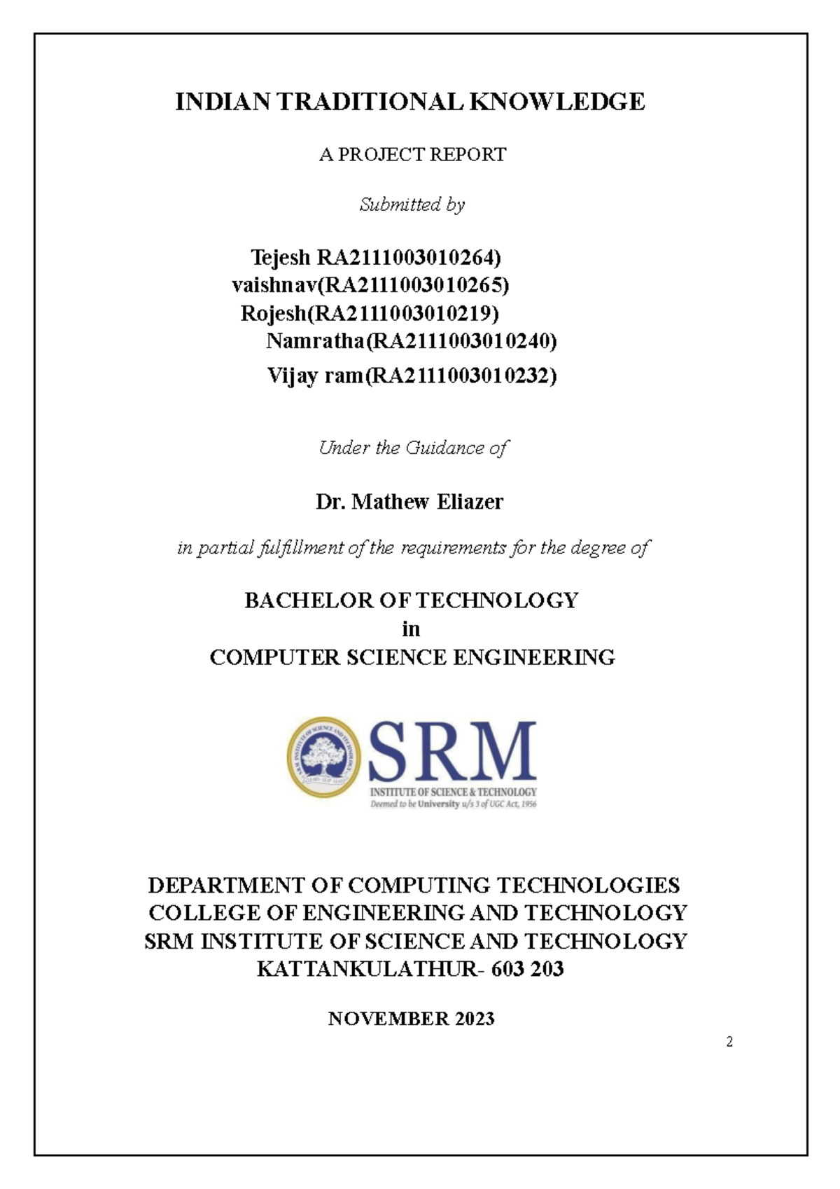 ITK Project Report organized - INDIAN TRADITIONAL KNOWLEDGE A PROJECT ...