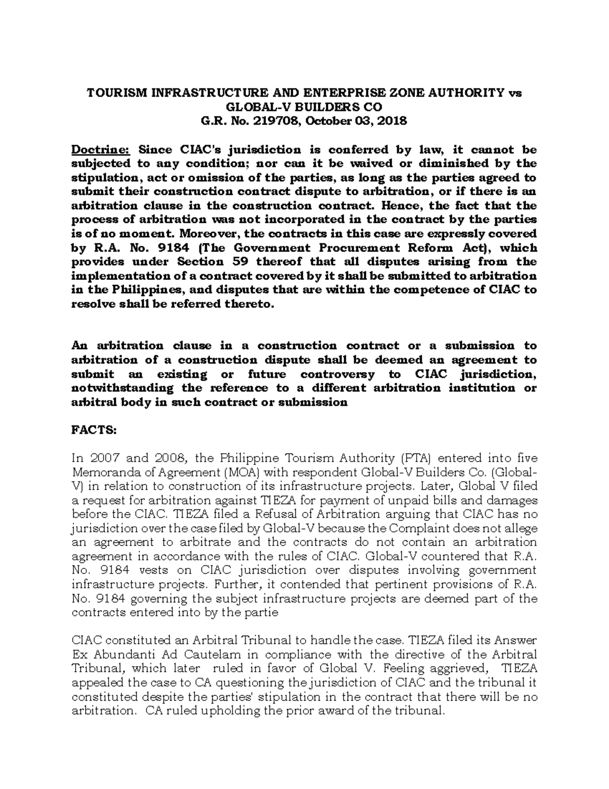 Bautista Tieza vs Global V Builders Co Group 1 - TOURISM INFRASTRUCTURE ...