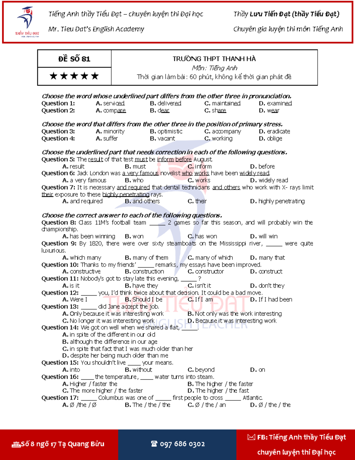ĐỀ SỐ 81 - huong dan hoc tieng anh - Mr. Tieu Dat’s English Academy ChuyÍn gia luyện thi mÙn ...