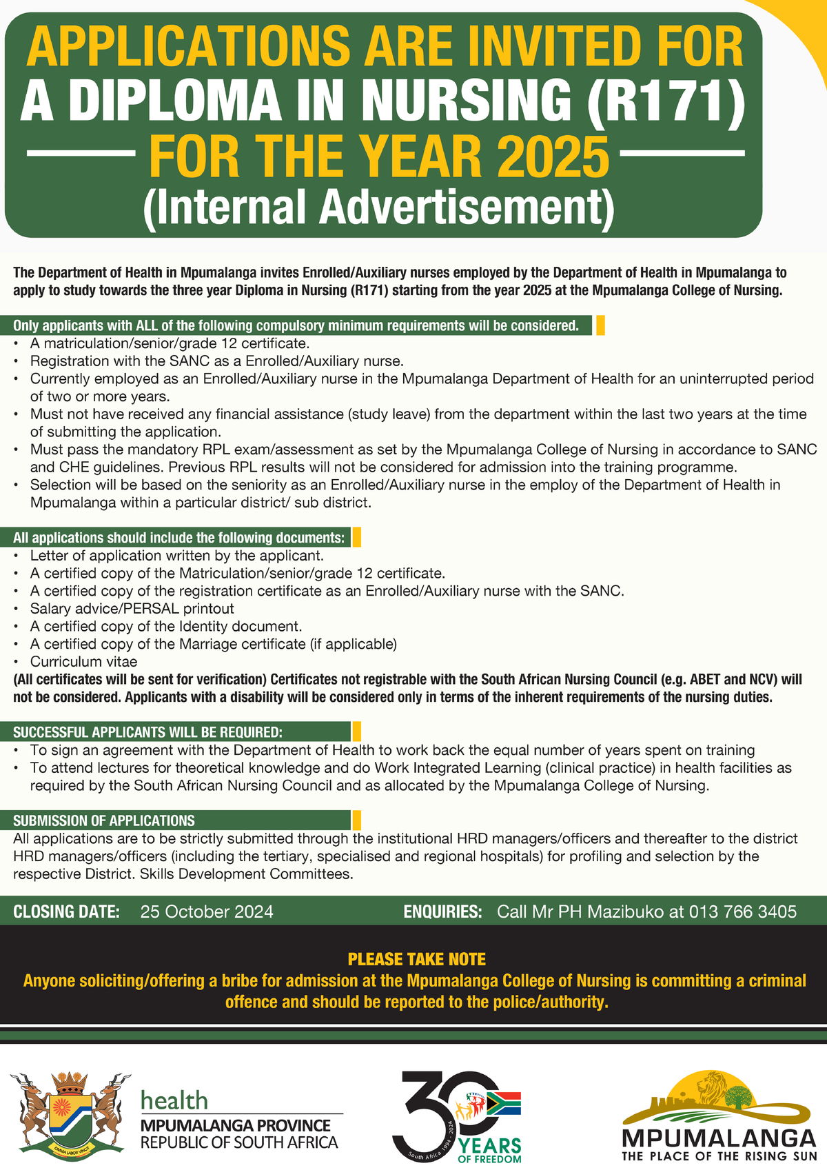 Internal Nursing Advert 2024 - APPLICATIONS ARE INVITED FOR A DIPLOMA ...