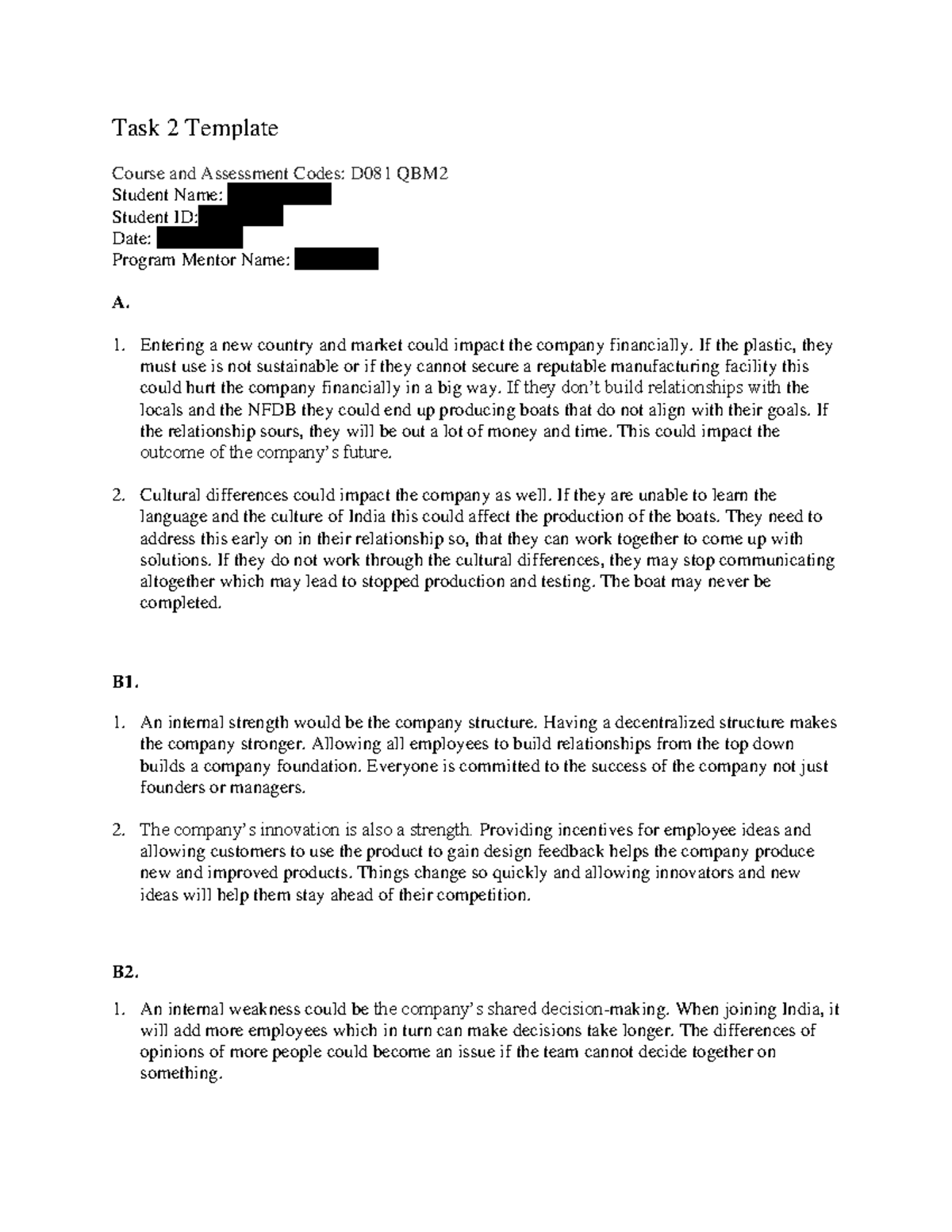 D081-QBM2-Task 2 - PASSED - Task 2 Template Course and Assessment Codes ...