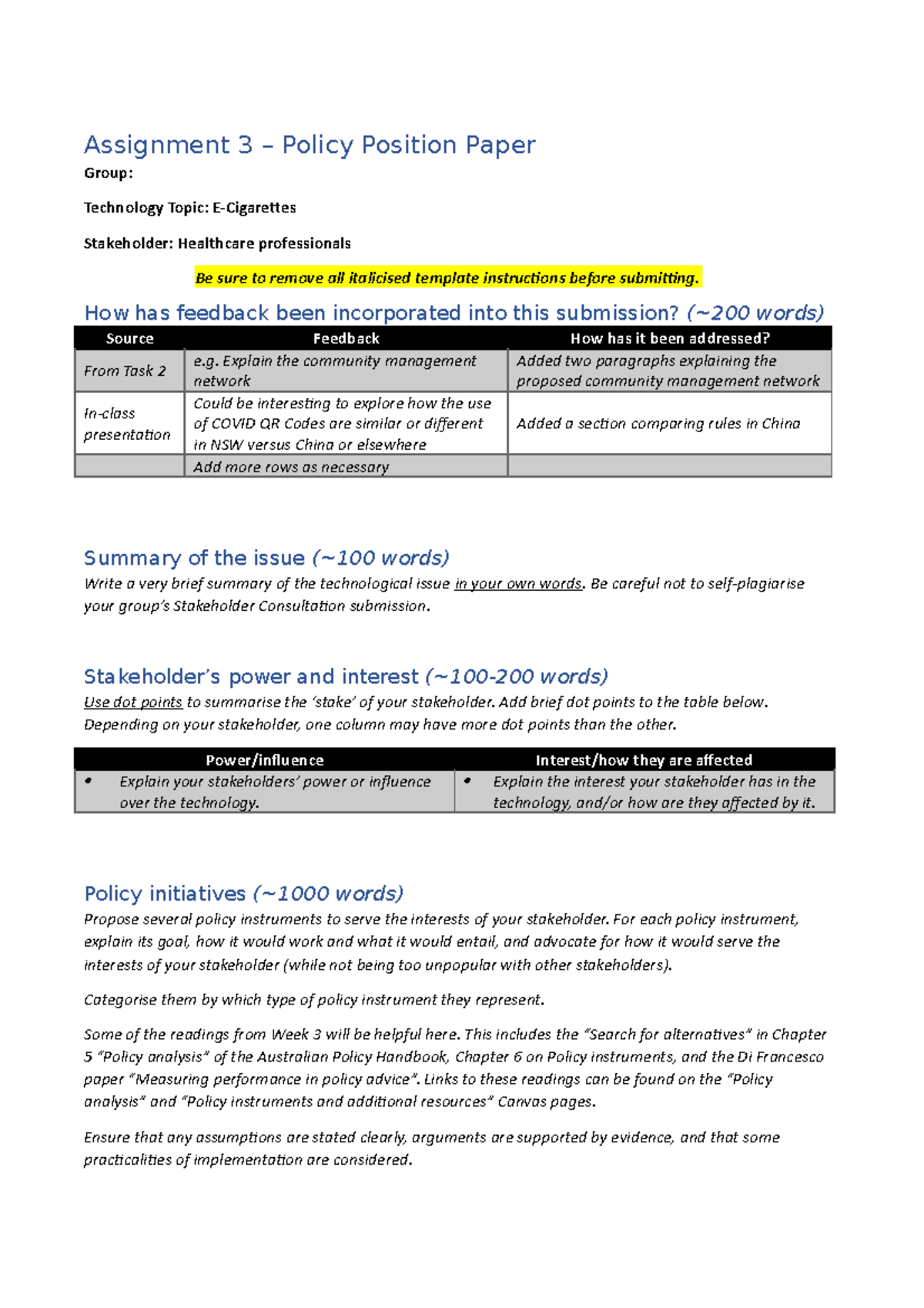 Policy Position Paper Template - Assignment 3 – Policy Position Paper ...