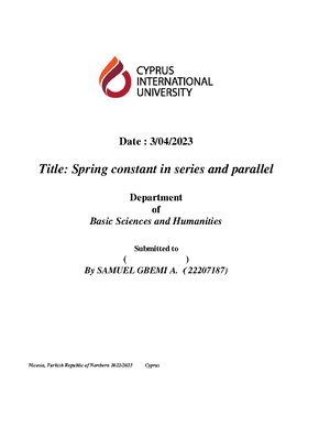 PHYS 101 Experiment 2 - Experiment 1 Date: 24. Title: SIMPLE PENDULUM Submitted to Rouminasadat ...