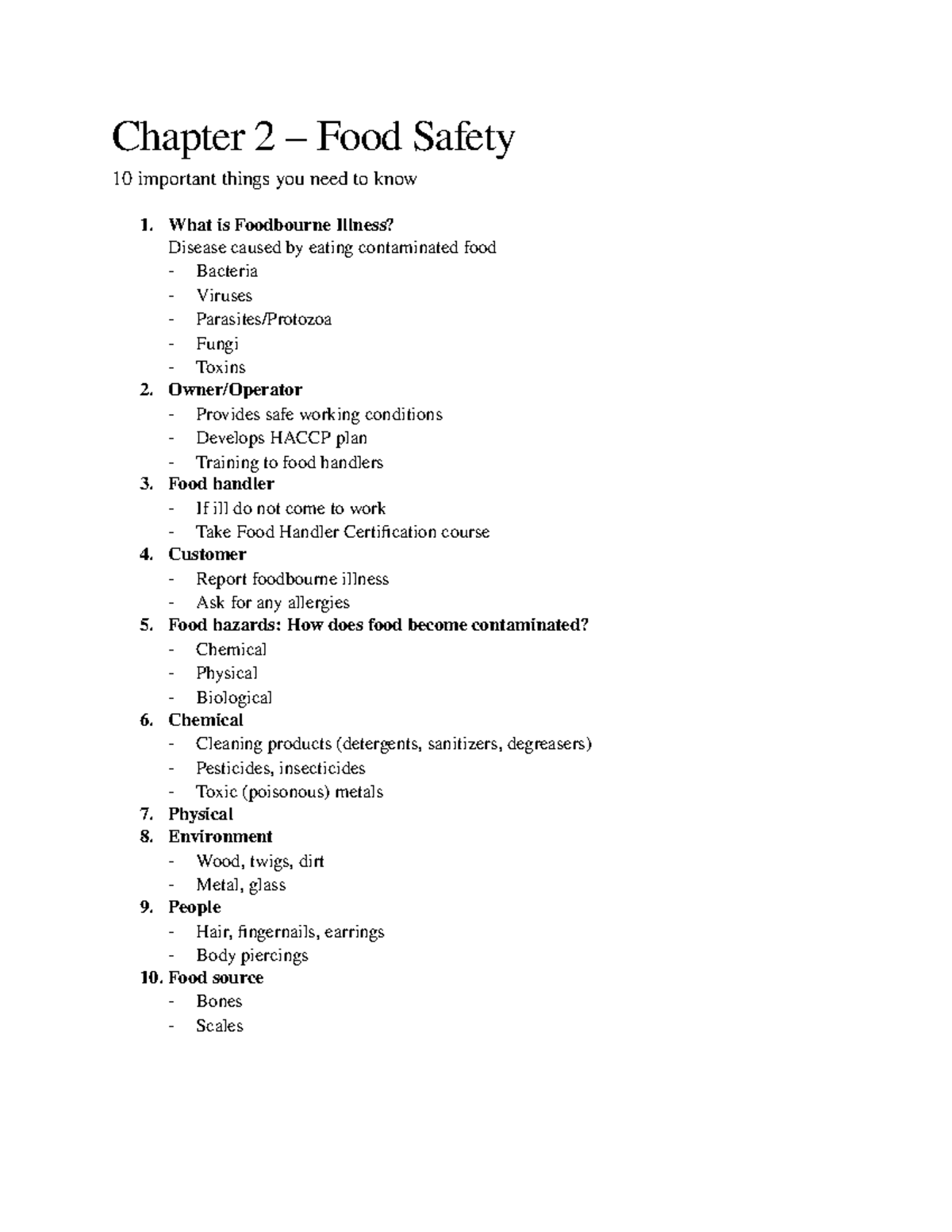 Chapter 2 - Food Safety - Chapt er 2 – Food Safety 10 important things ...
