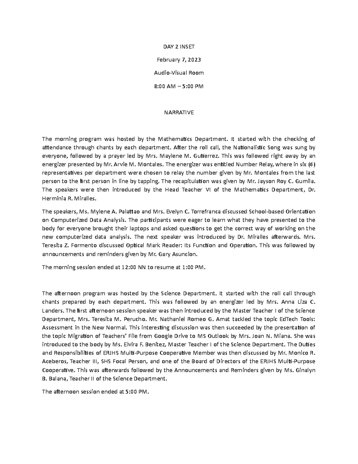 DAY 2 Inset Narrative - DAY 2 INSET February 7, 2023 Audio-Visual Room ...