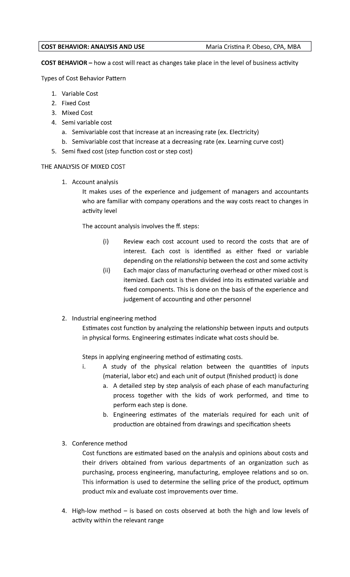 COST Behavior - Analysis AND USE - accountancy - MSU GENSAN - Studocu