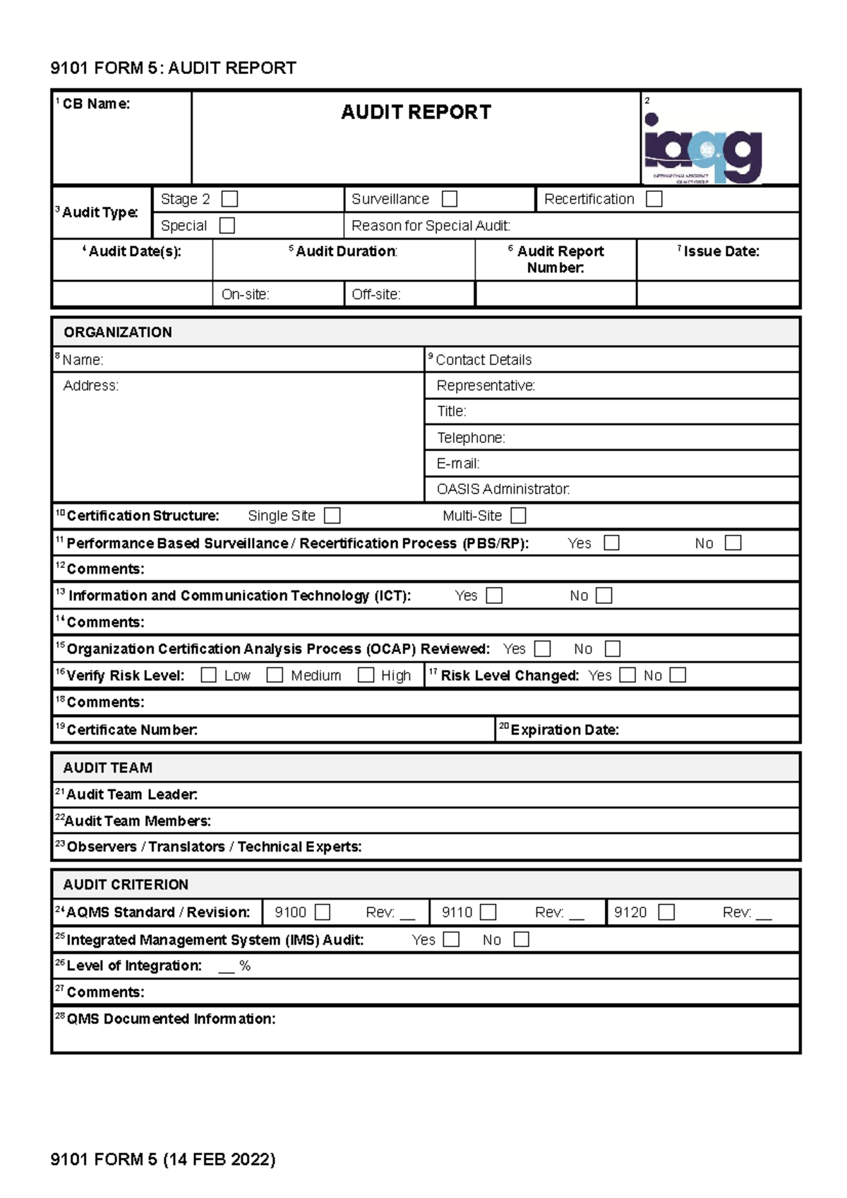 9101 Form 5 14 Feb 2022 - QM checklist - 1 CB Name: AUDIT REPORT 2 3 ...