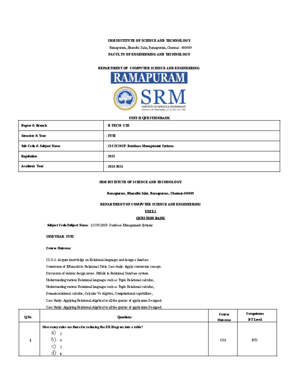 Unit 2- Question Bank - SRM INSTITUTE OF SCIENCE AND TECHNOLOGY ...