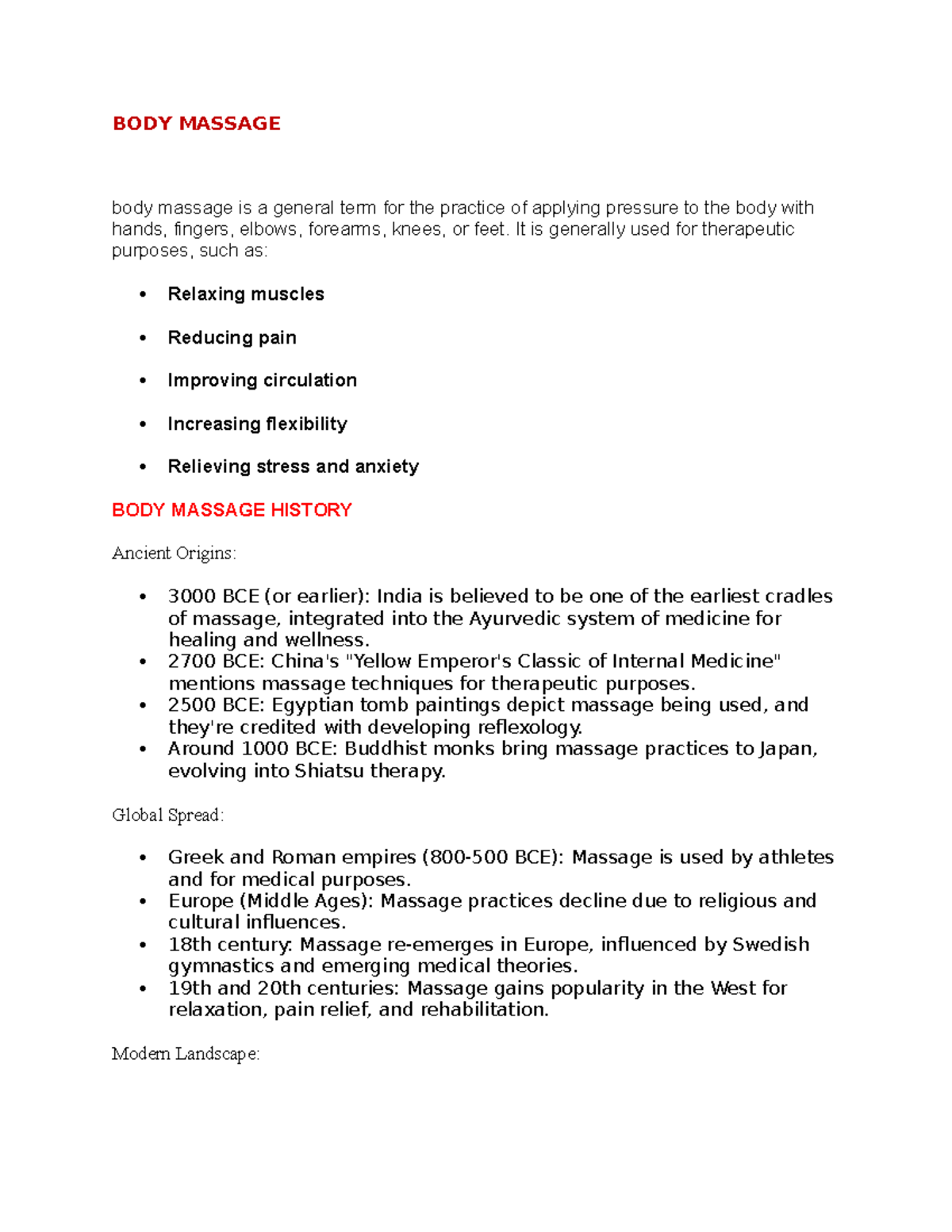 Body massage notes - BODY MASSAGE body massage is a general term for ...