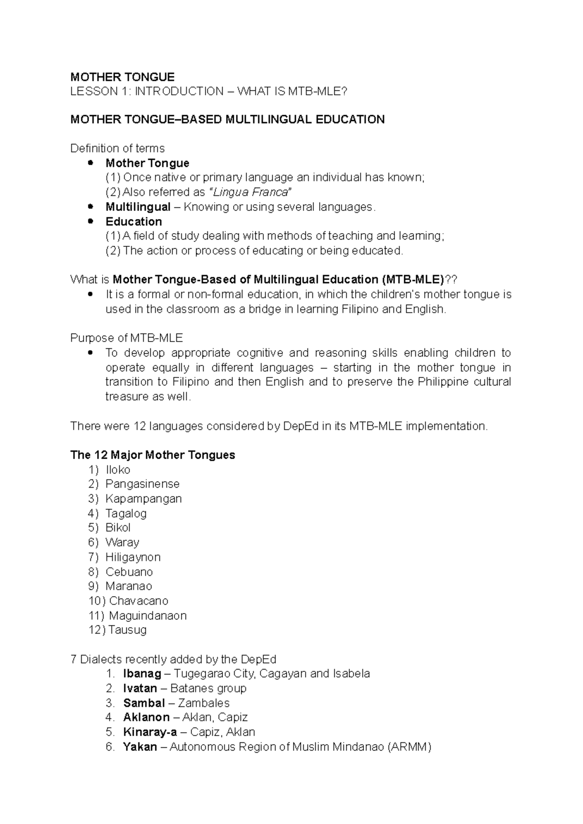 Mother- Tongue- Lessons - MOTHER TONGUE LESSON 1: INTRODUCTION – WHAT ...