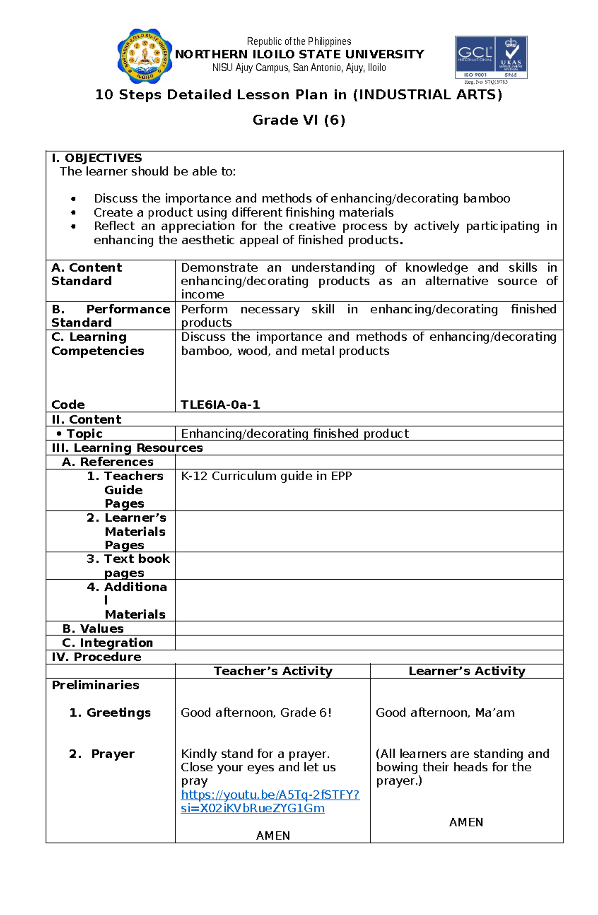 Detailed Lesson PLAN IN EPP 3 - NORTHERN ILOILO STATE UNIVERSITY NISU ...