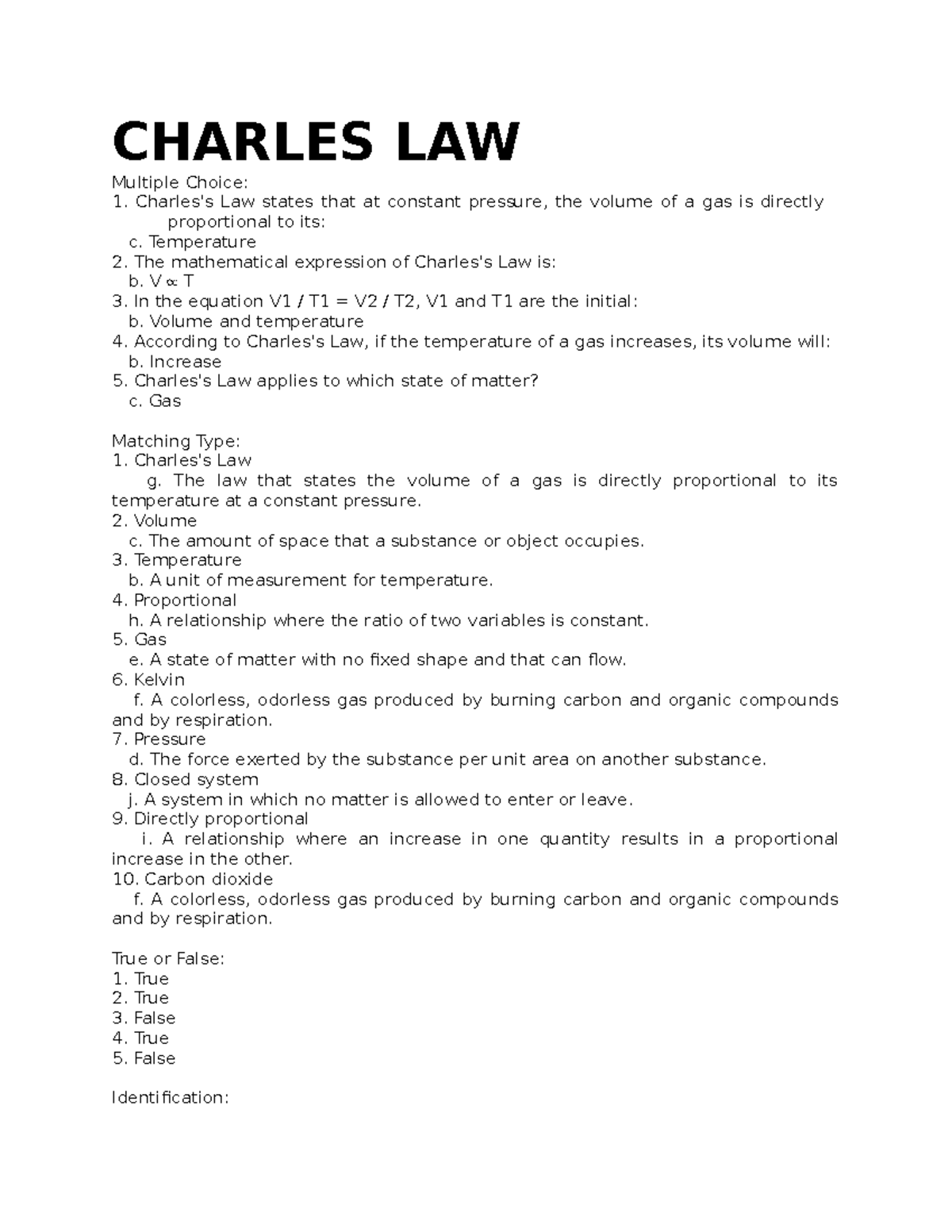 Module KEY TO Correction FOR GAS LAWS - CHARLES LAW ####### Multiple ...