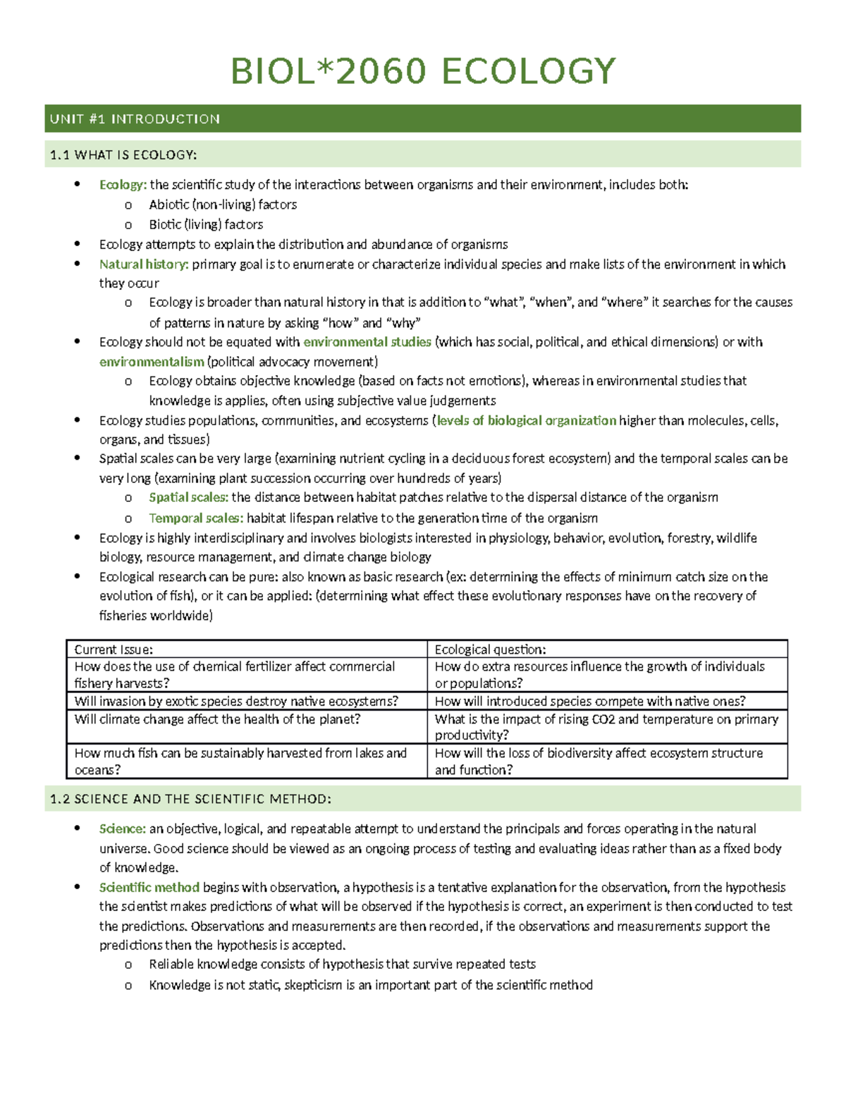 BIOL2060ch1 - caasdf - BIOL*2060 ECOLOGY UNIT #1 INTRODUCTION 1 WHAT IS ...