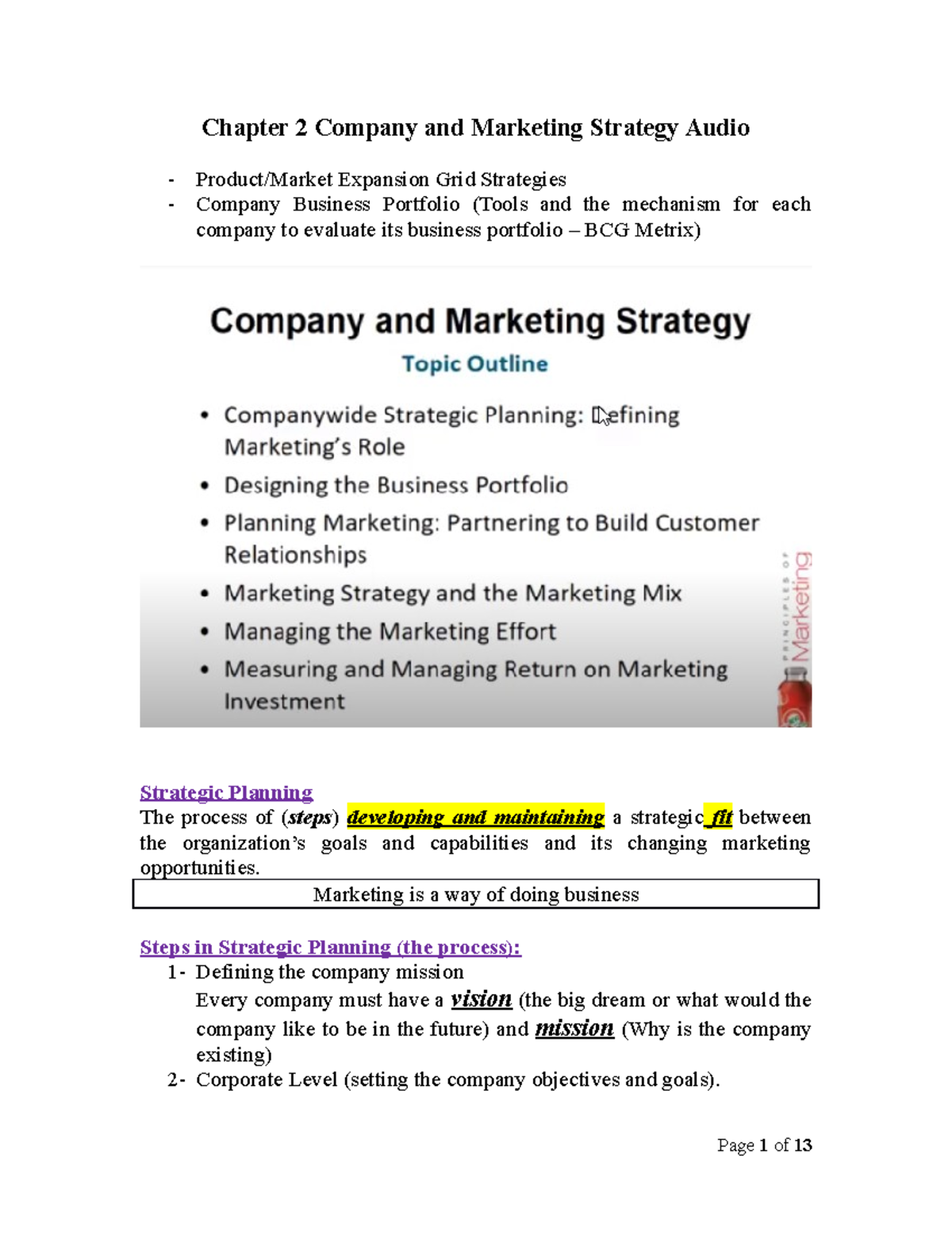 Chapter 2 Company and Marketing Strategy Audio - Marketing is a way of ...