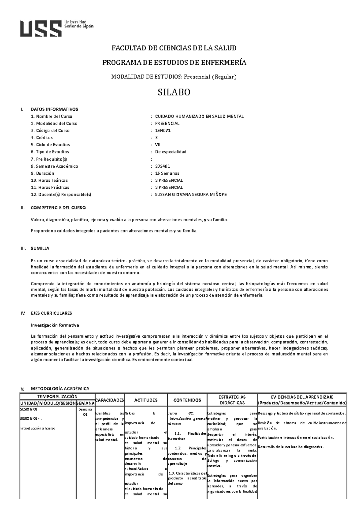 Sílabo CHSM 2024 I - CHSM - FACULTAD DE CIENCIAS DE LA SALUD PROGRAMA ...