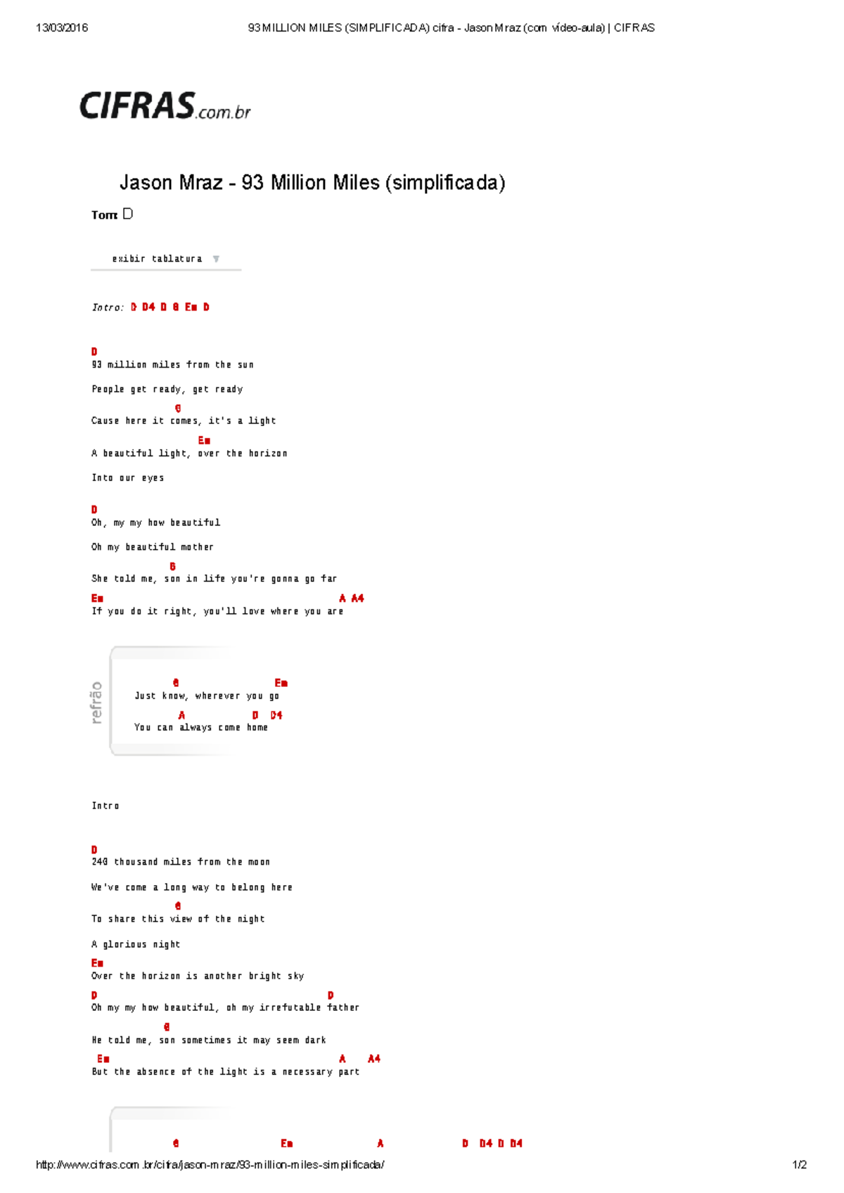 93 Million Miles ( Simplificada) cifra - Jason Mraz (com vídeo-aula ...