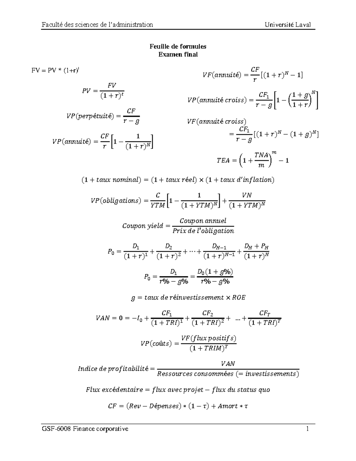 Feuille de formules - Examen final - H2019 - GSF1000 - des sciences de ...