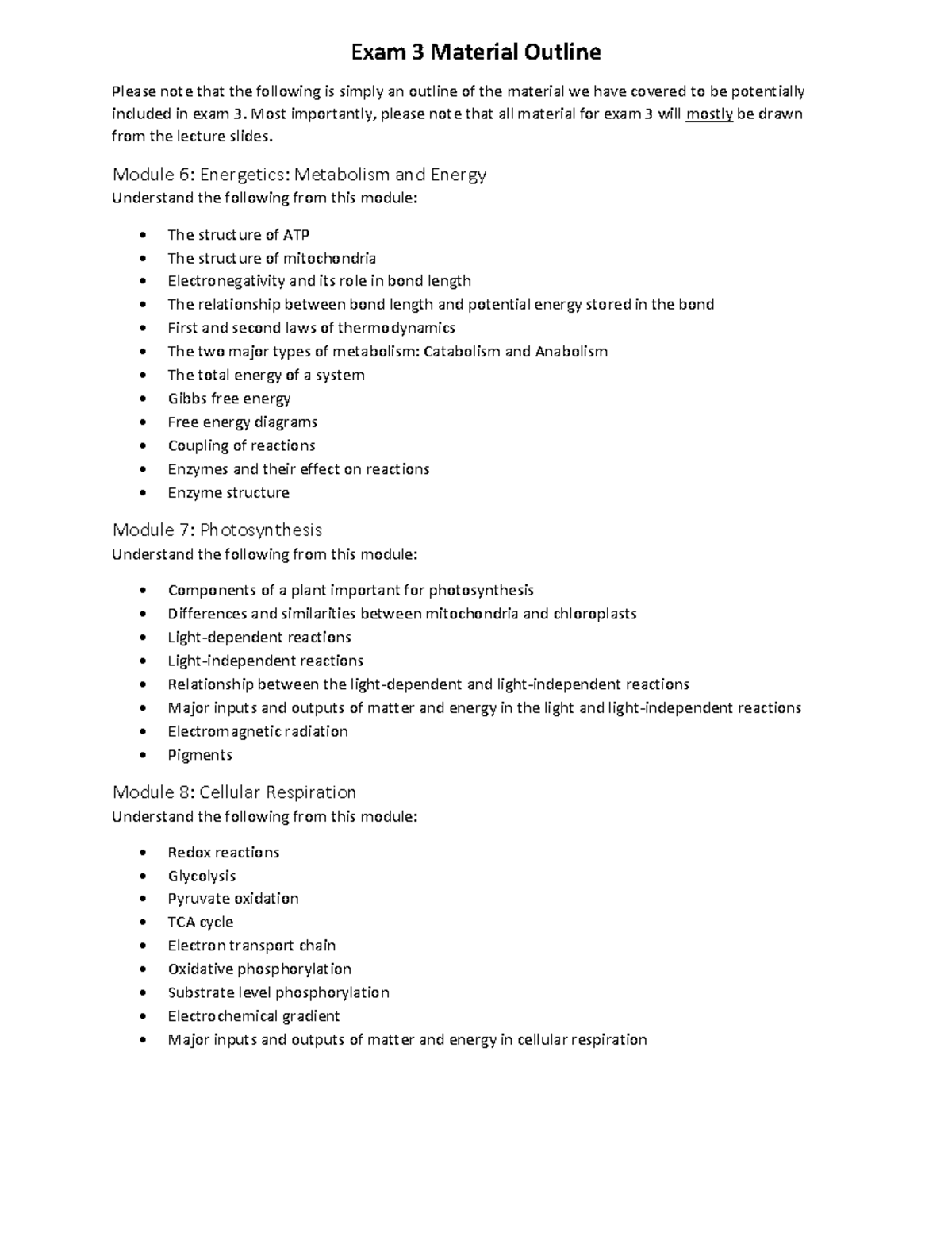 Biology Exam 3 Material Outline - Exam 3 Material Outline Please note ...