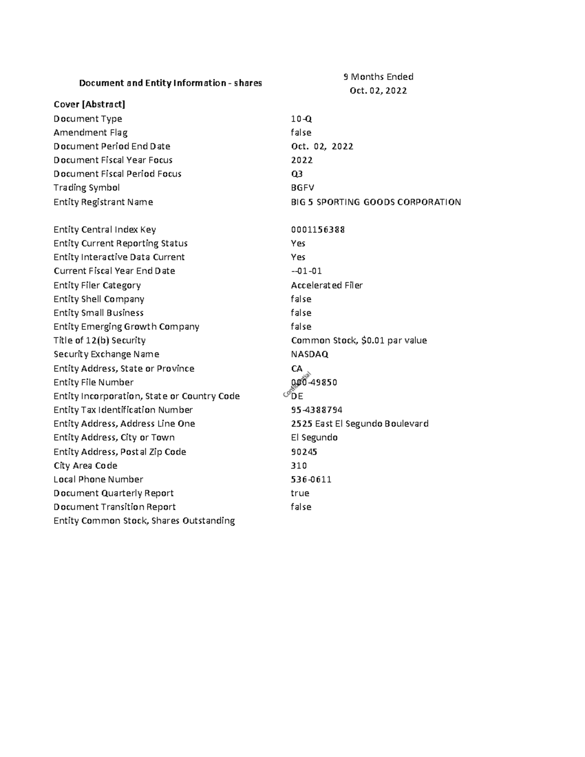 C928 Task 1 Big 5 Financial Report - 9 Months Ended Oct. 02, 2022 Cover [Abstract] Document Type ...