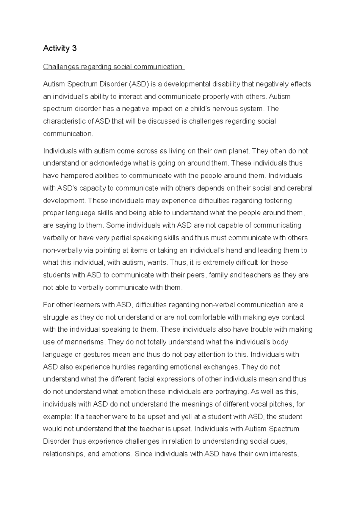 Activity 3 - Activity 3 Challenges regarding social communication ...