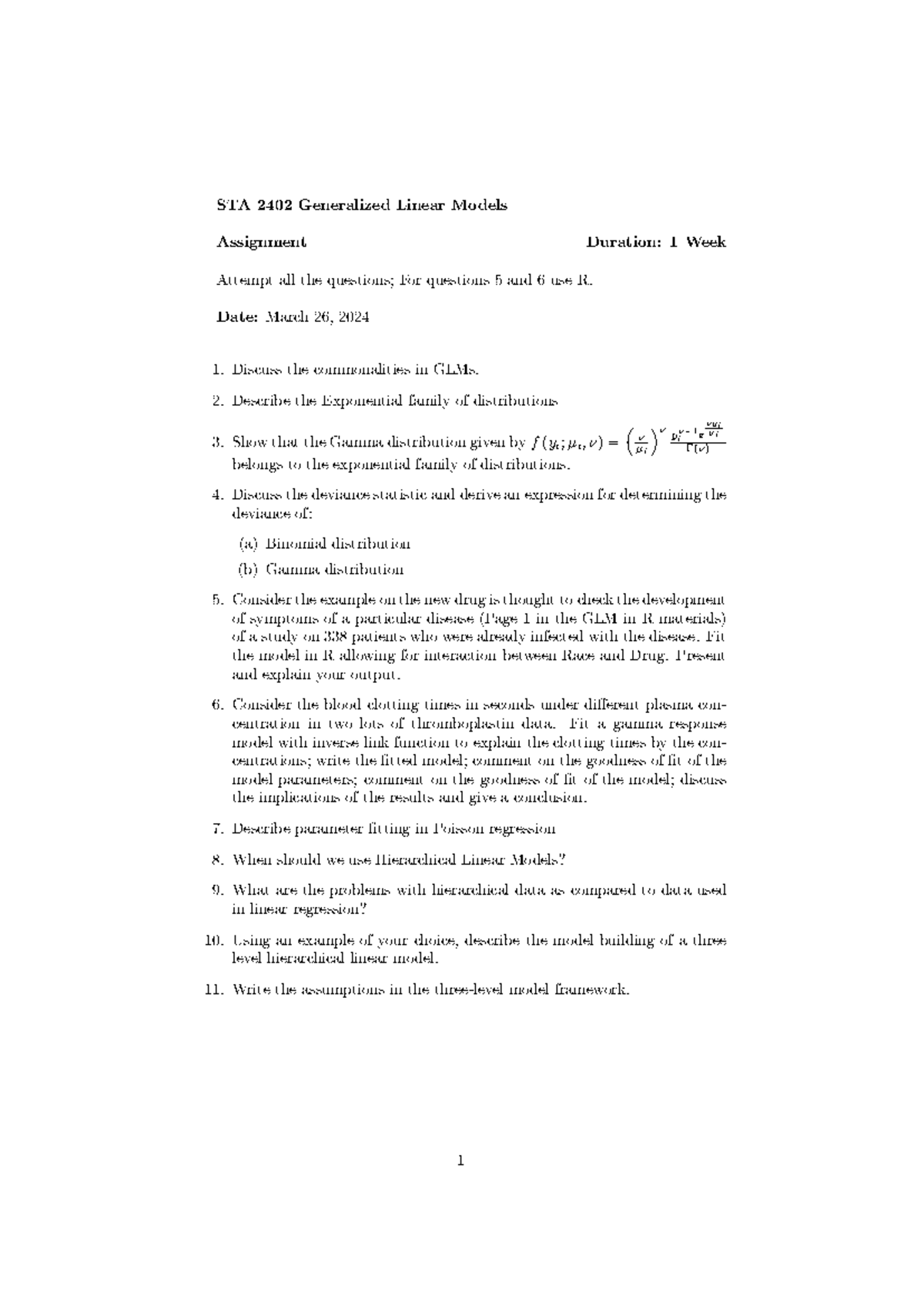 STA 2402 Assignment March 24 - STA 2402 Generalized Linear Models Assignment Duration: 1 Week ...