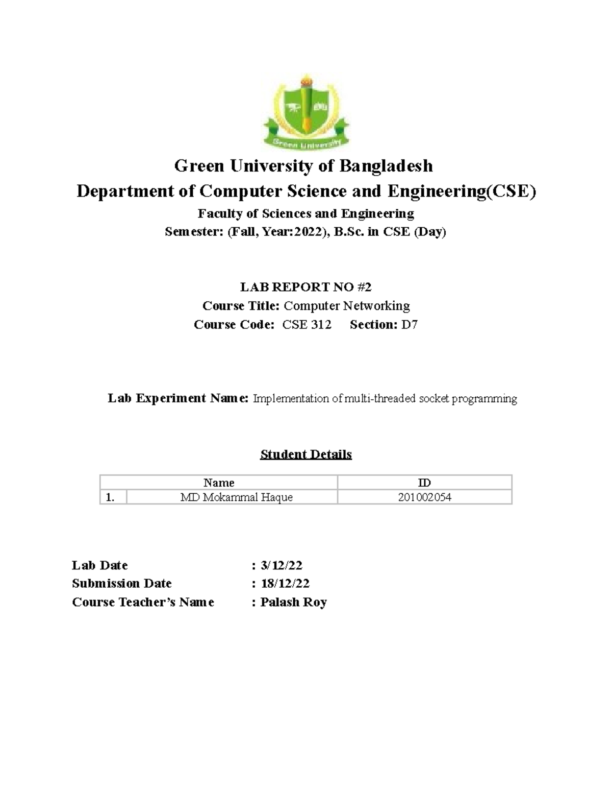 2010 02054 Lab report 3 Computer Networking Lab - Green University of ...