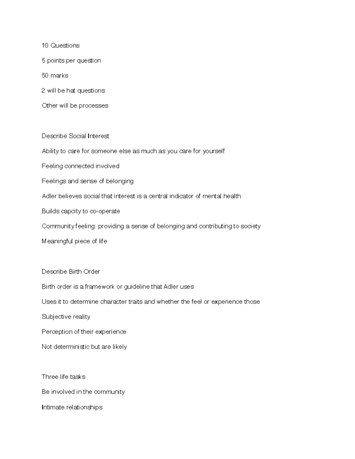 Adler Test Review - Amy - 10 Questions 5 points per question 50 marks 2 ...