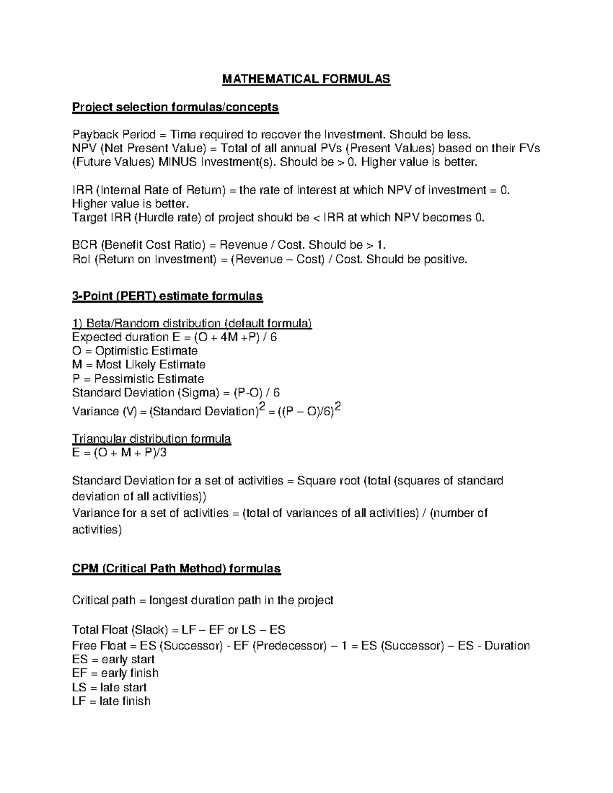 PMP Mathematical Formulas - MATHEMATICAL FORMULAS Project selection ...