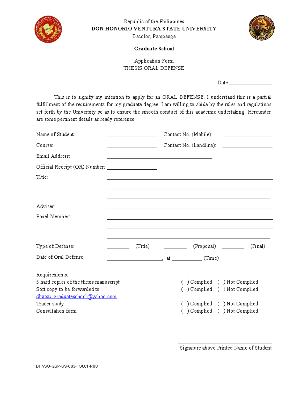 Dhvsu-QSP-GS-003-FO001-R00 thesis defense application form - Republic ...