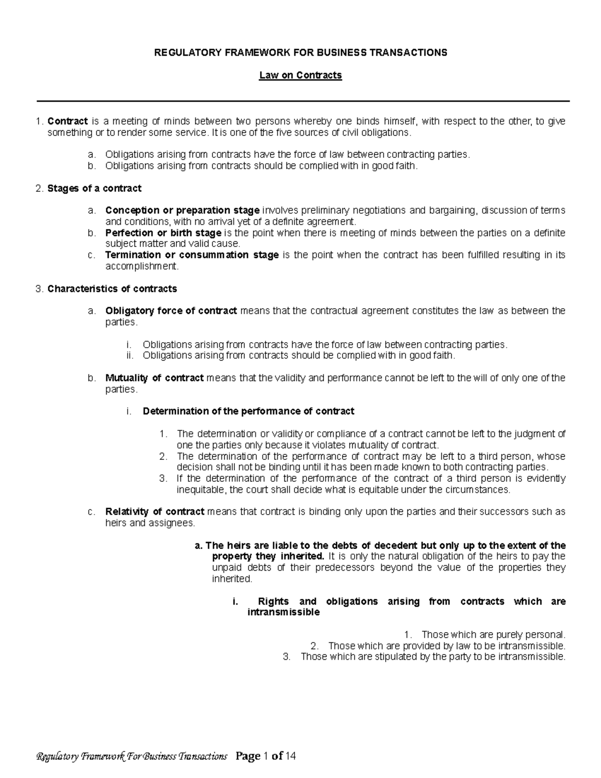 RFBT - Contracts - Lecture Notes on Law. - REGULATORY FRAMEWORK FOR ...