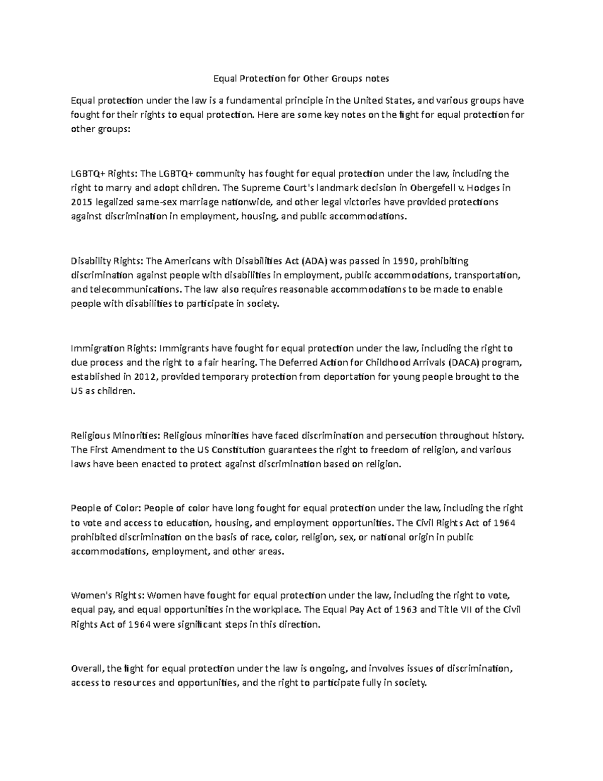 Equal Protection for Other Groups notes - Here are some key notes on ...