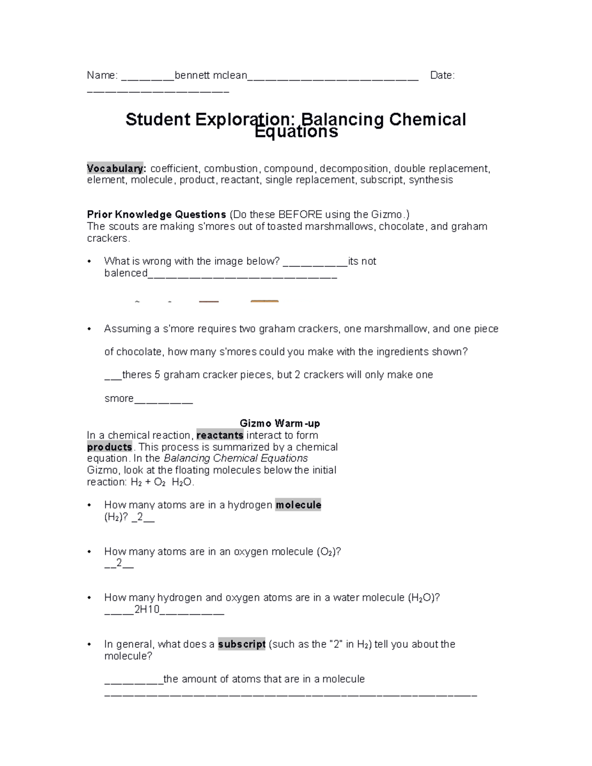 Virtual Lab 2 -Balancing Chem Equations SE - S-111B - Harvard - Studocu