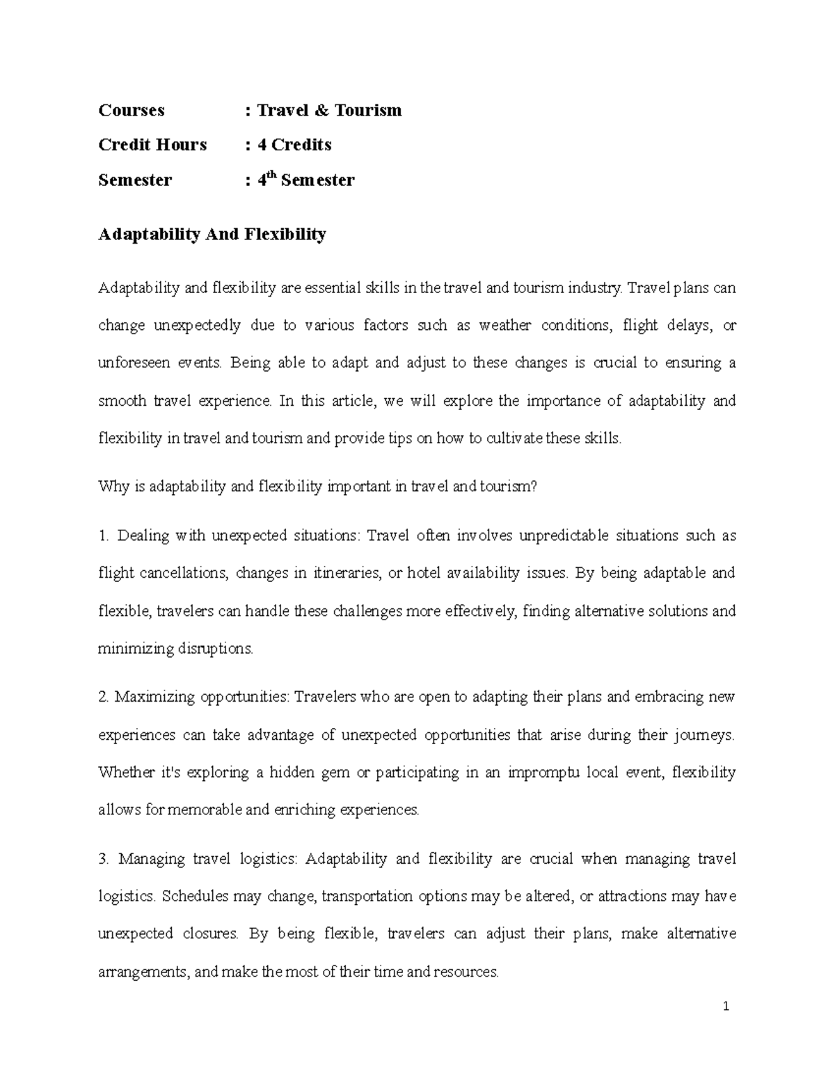 Adaptability And Flexibility - Courses : Travel & Tourism Credit Hours ...