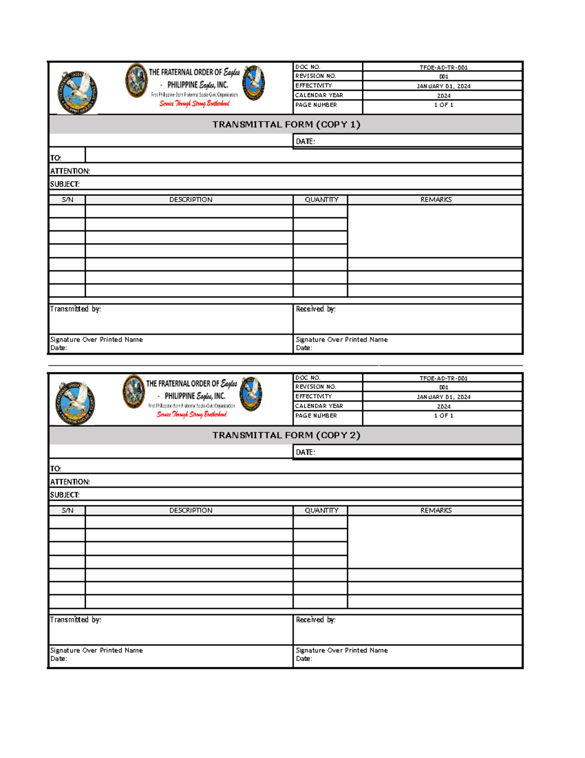 TFOE Transmittal FORM 3 - DOC NO. TFOE-AD-TR- 001 REVISION NO. 001 ...