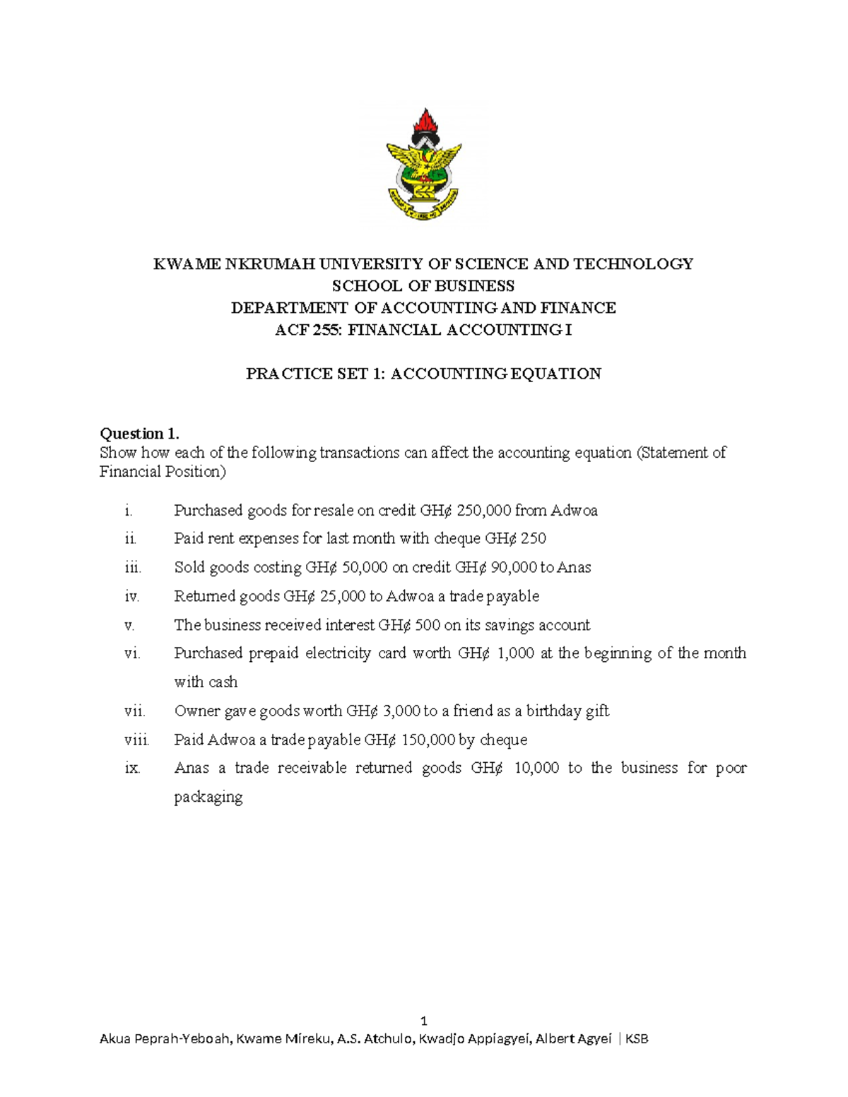 Practice Set 1 (Lesson 2) Accounting Equation - KWAME NKRUMAH ...