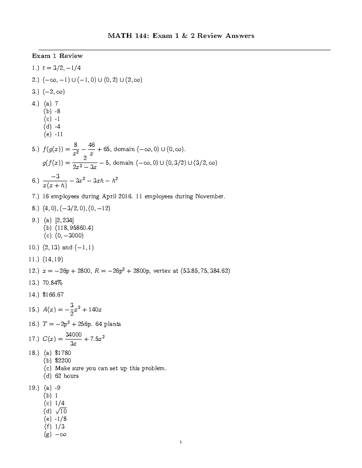 M144 Ex 1 & 2 Answers - MATH 144: Exam 1 & 2 Review Answers Exam 1 ...
