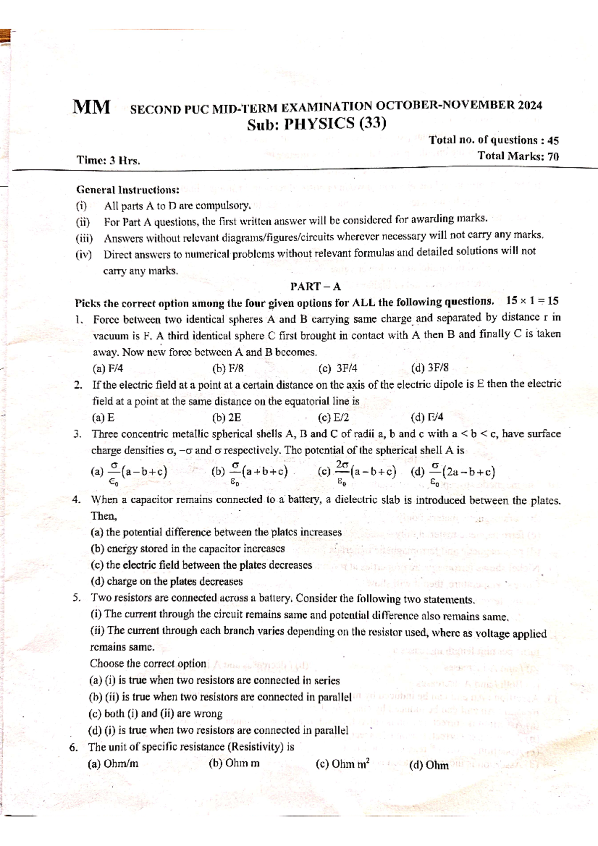 II PU PHY Midterm EXAM KLR OCT 2024 - MM SECOND PUC EXAMINATION 2024 Sub: PHYSICS (33) Total no ...