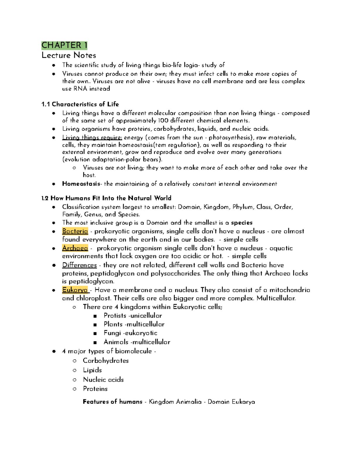 H-BIO Notes(1-4) - notes - CHAPTER 1 Lecture Notes The scientific study ...