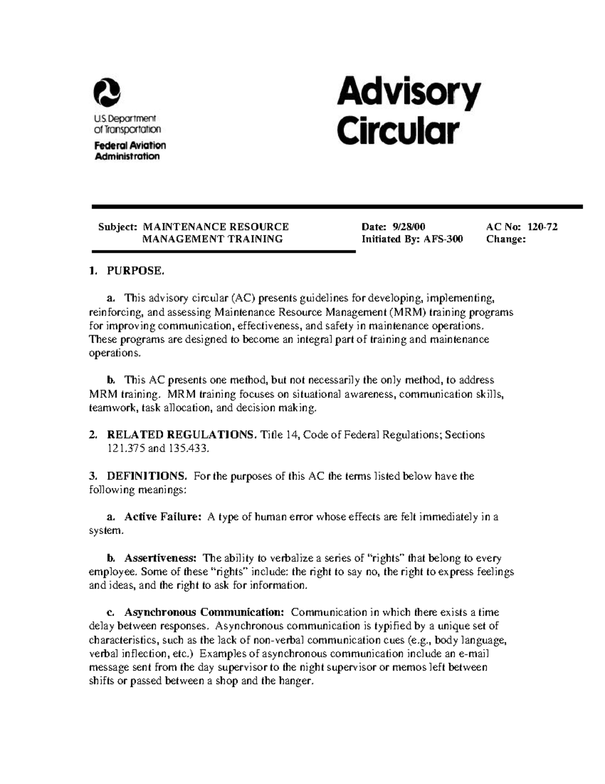 Advisory circular 120 - 72 - Subject: MAINTENANCE RESOURCE Date: 9/28 ...