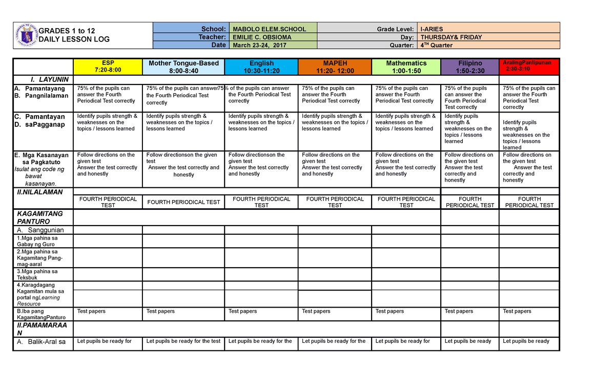 353982527 Daily Lesson Log Periodic Test - GRADES 1 to 12 DAILY LESSON ...