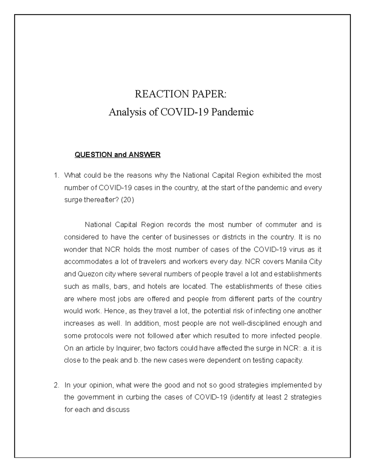Reaction Paper Analysis OF Covid 19 Pandemic - REACTION PAPER: Analysis ...