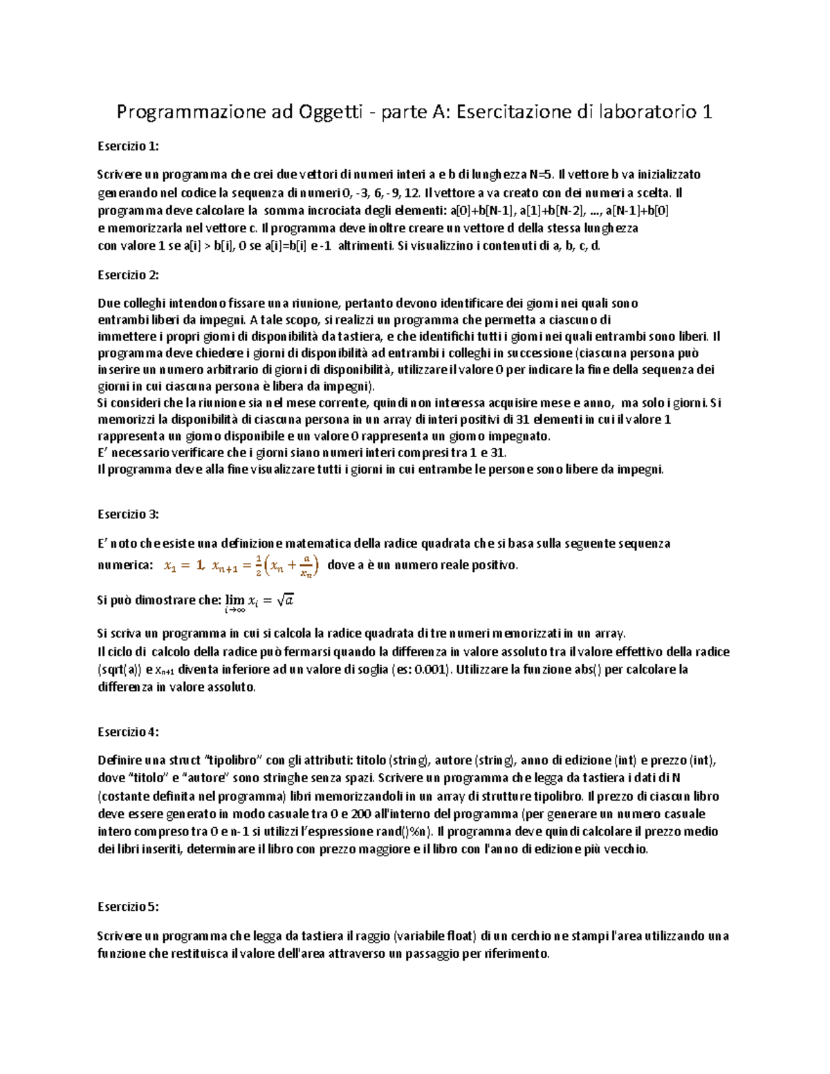 Esercitazione-laboratorio 1 - Programmazione ad Oggetti - parte A ...