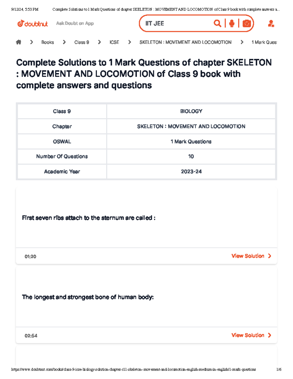 Complete Solutions to 1 Mark Questions of chapter Skeleton Movement AND ...