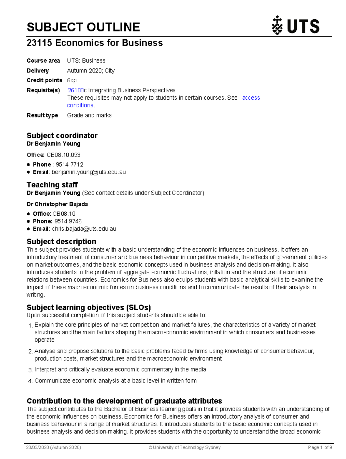 Economics for Business 2020 outline - SUBJECT OUTLINE 23115 Economics ...